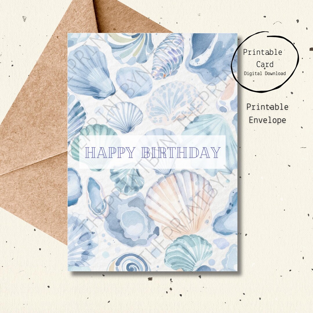 Printable Digital Birthday Card Ocean Beach Coastal Clam Shell Themed ...