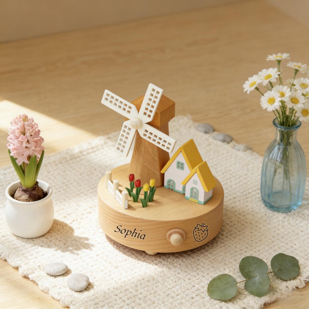 Personalized Wooden Windmill Music Box, Custom Engraved Name Baby Gift ...