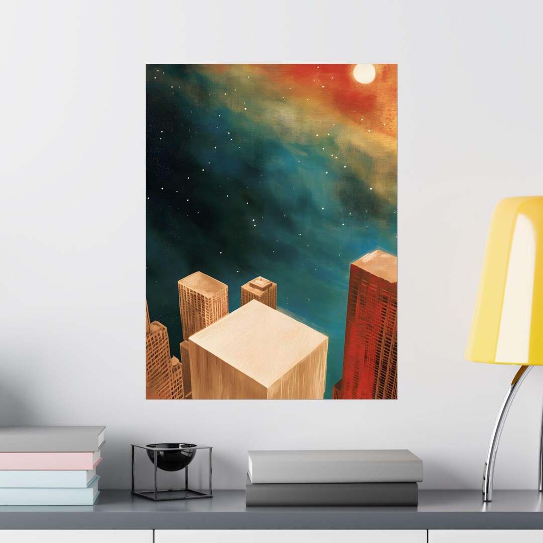 Surreal Chicago Skyline Art: Starry Night Golden Cityscape Print ...