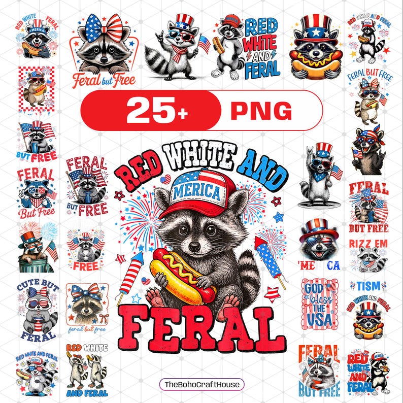 4th of July Raccoon PNG Bundle | Feral but Free Sublimation Designs ...