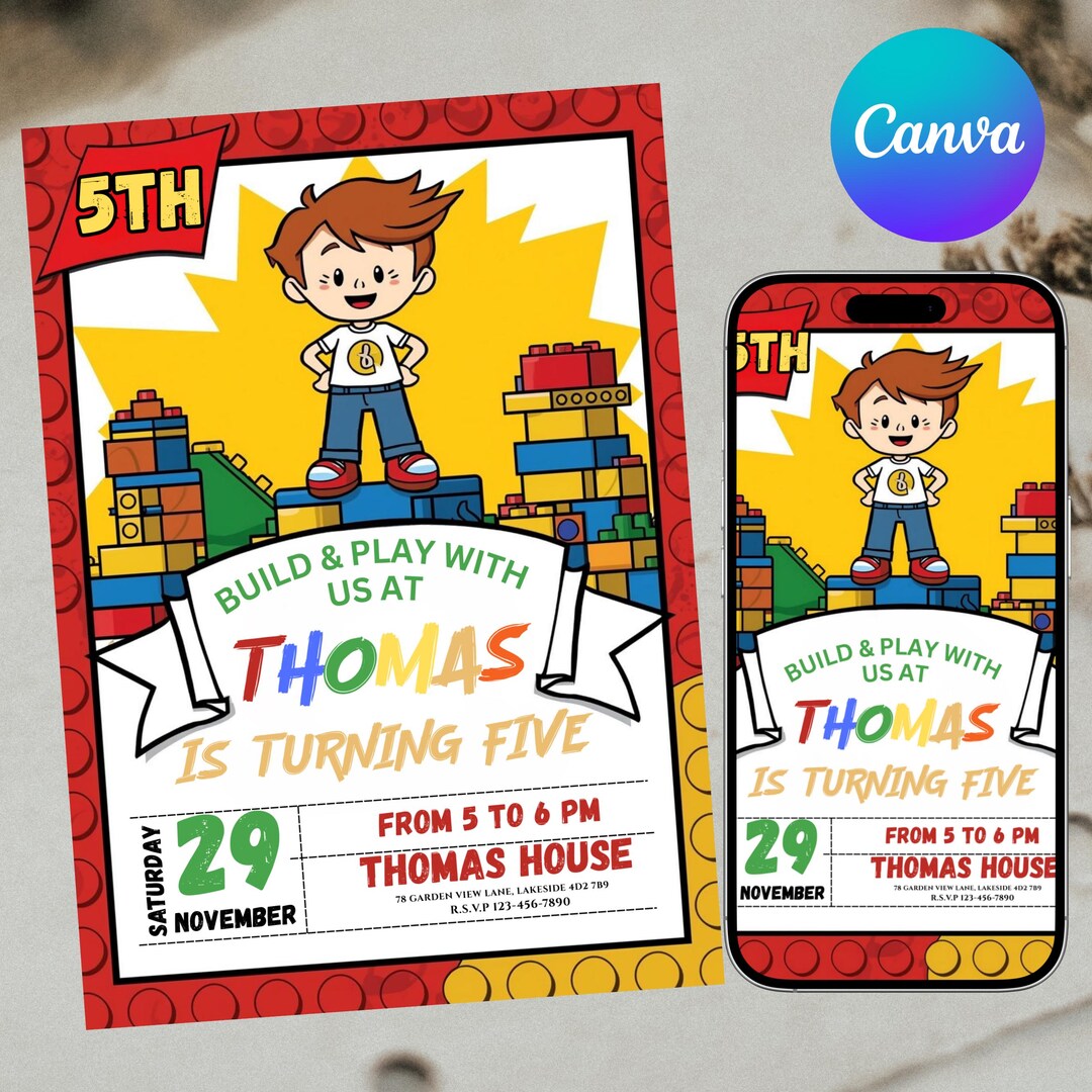 Building Blocks Birthday Invitation, Construction Theme Party Invite ...