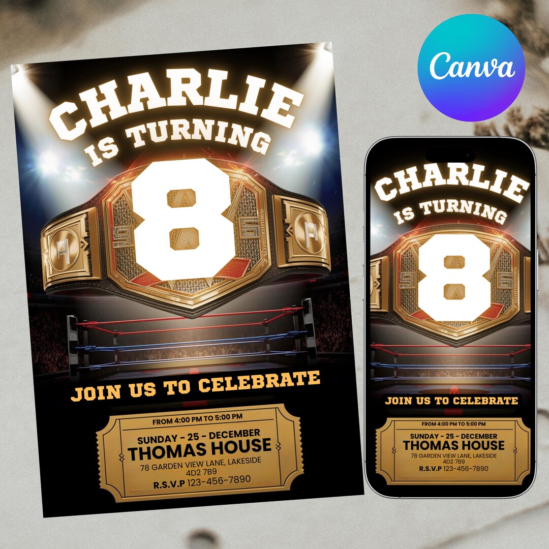 Wrestling Birthday Invitation Template, Editable Championship Belt ...