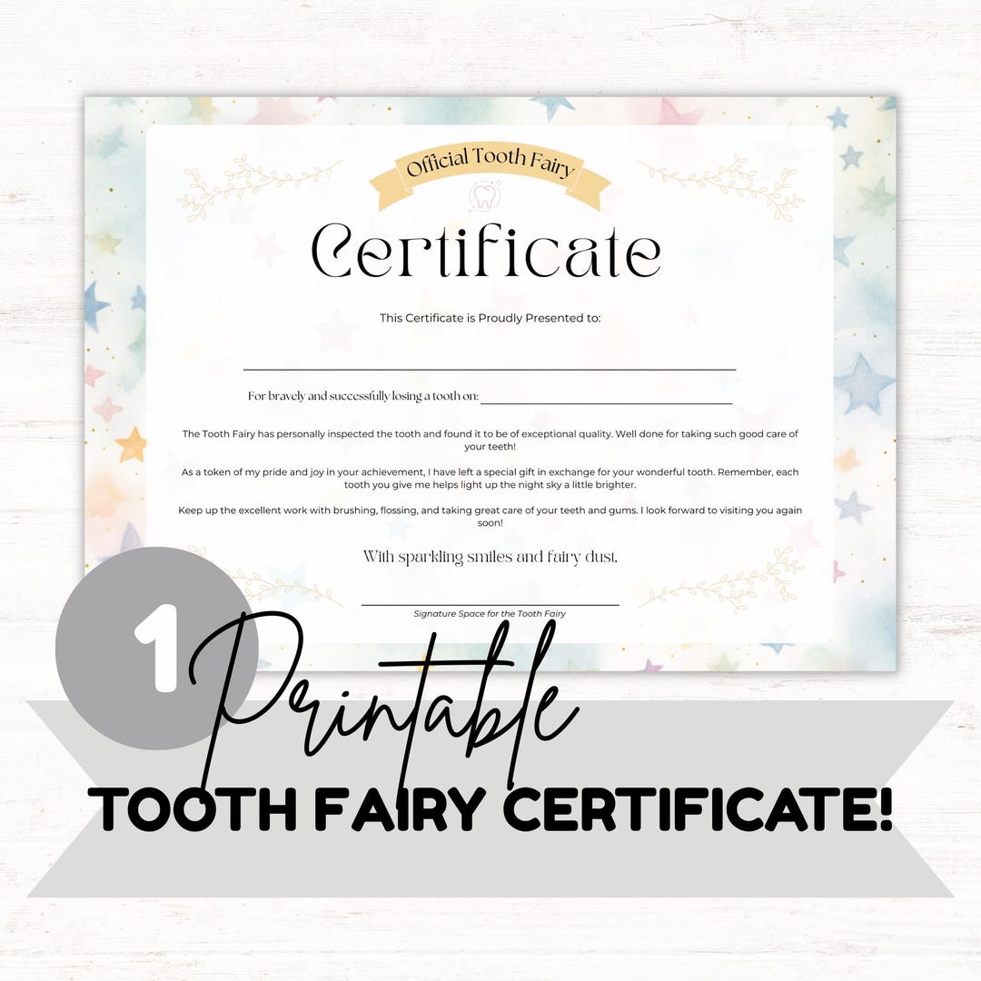 Tooth Fairy Certificate for Kids Printable 1 Page Lost Tooth Award ...