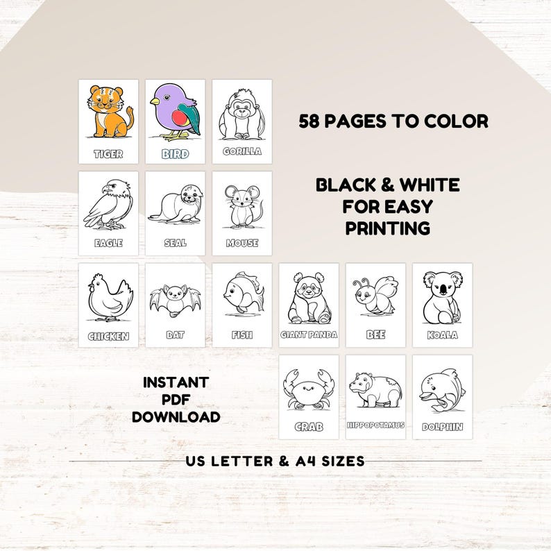 58 Animal Coloring Pages for Kids: Preschool Activity Sheets (printable ...