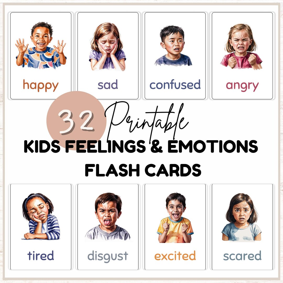32 Printable Emotions & Feelings Flash Cards - Preschool Kindergarten ...
