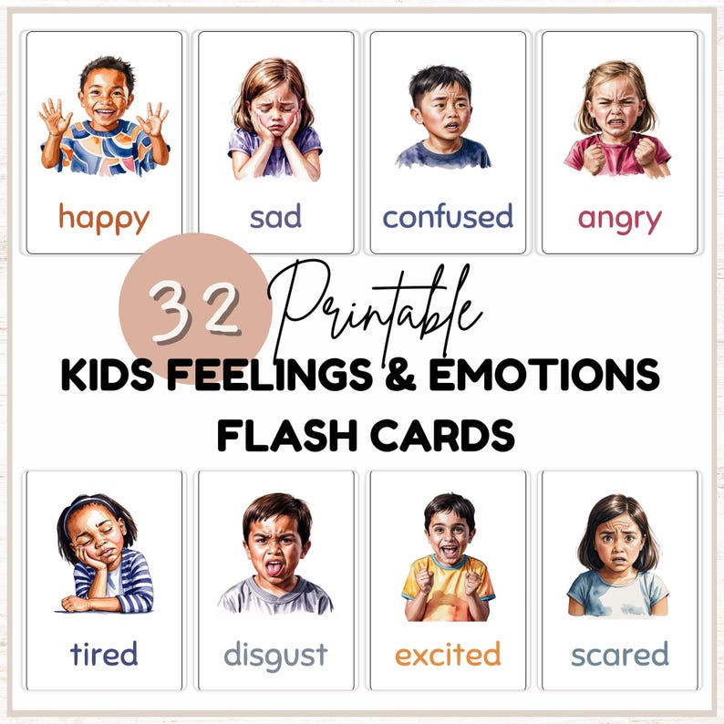 32 Printable Emotions & Feelings Flash Cards - Preschool Kindergarten ...