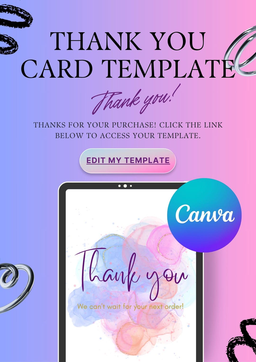 Editable Thank You Card Template - Colorful Watercolor Design - Instant ...