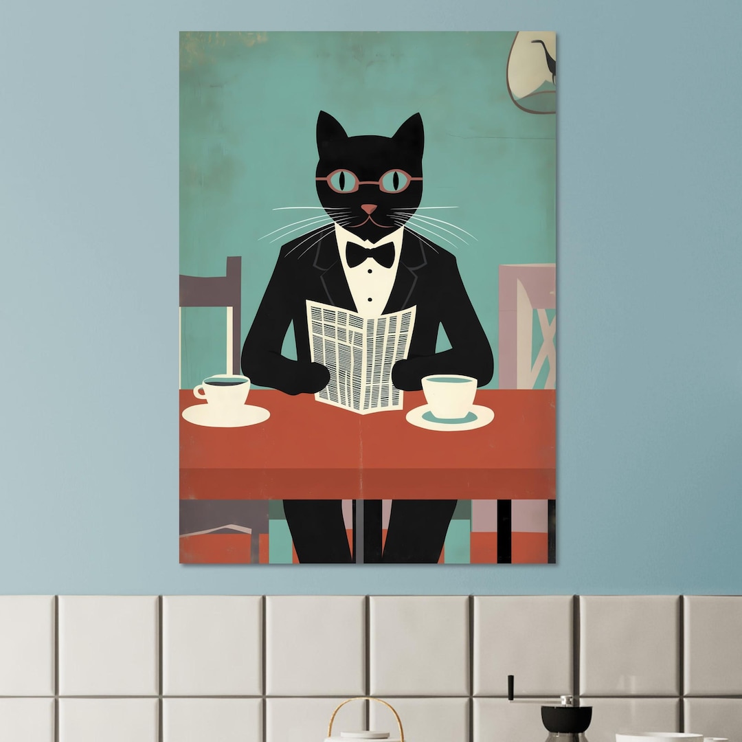 Vintage Black Cat Print Retro Cafe Wall Art Mid-century Modern Animal ...
