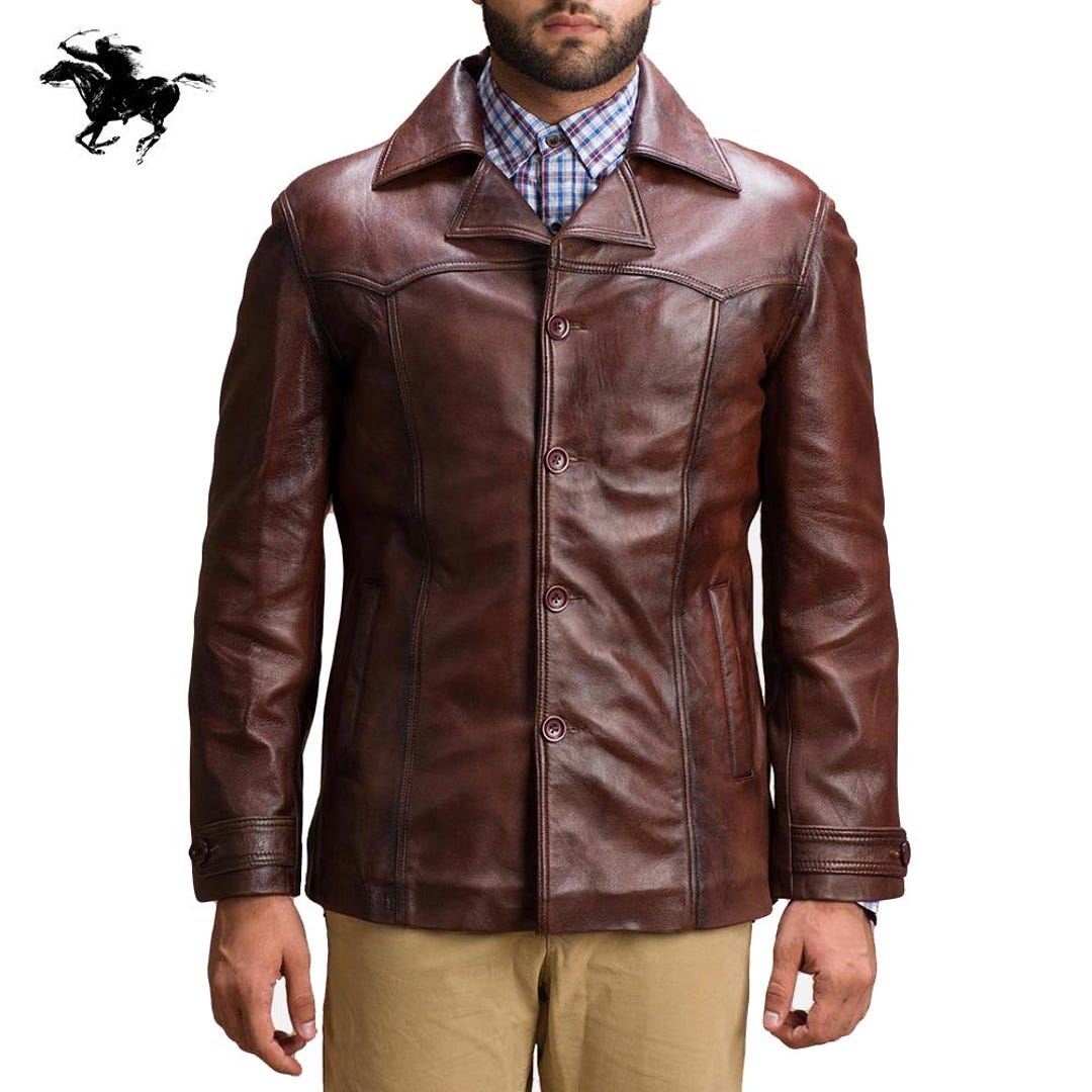 Men’s Leather Button Jacket – Retro Button Closure, Classic Tailored ...