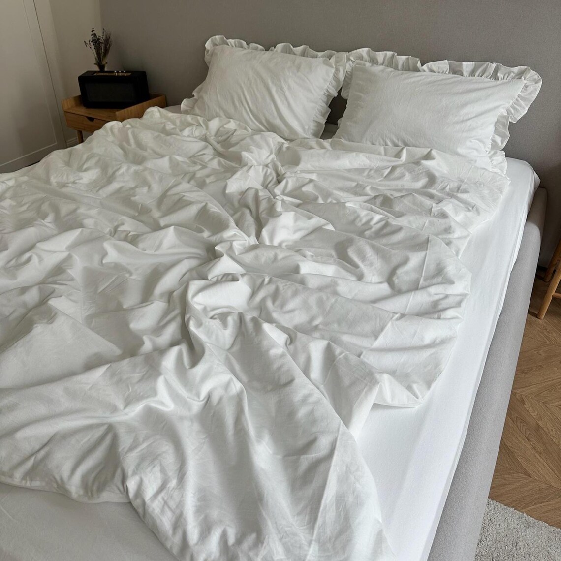 White Ruffled Bedding Set, Shabby Chic Duvet Cover With Pillowcases ...