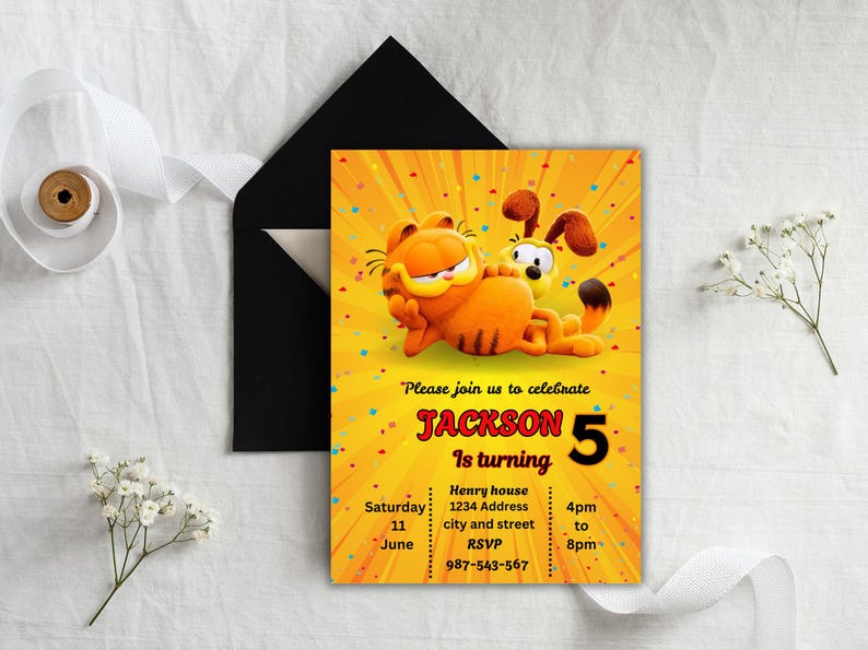 Editable Garfield Birthday Invitation Orange Cat Garfield Party Theme ...