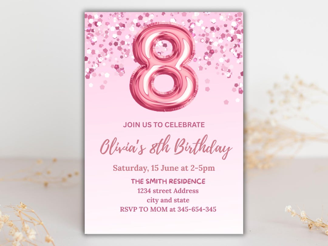 Pink Glitter 8th Birthday Invitation Template (digital Download) - Etsy