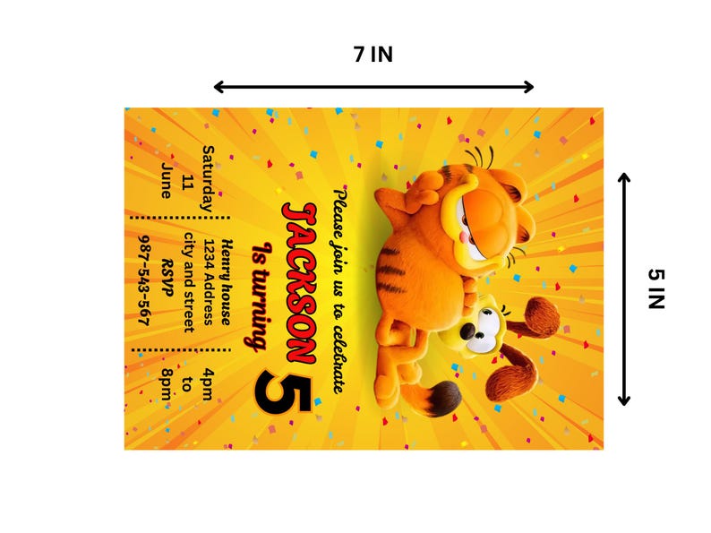 Editable Garfield Birthday Invitation Orange Cat Garfield Party Theme ...