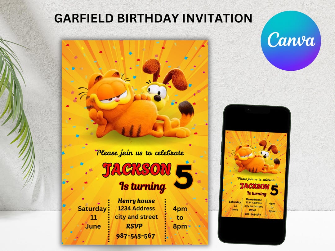 Editable Garfield Birthday Invitation Orange Cat Garfield Party Theme ...