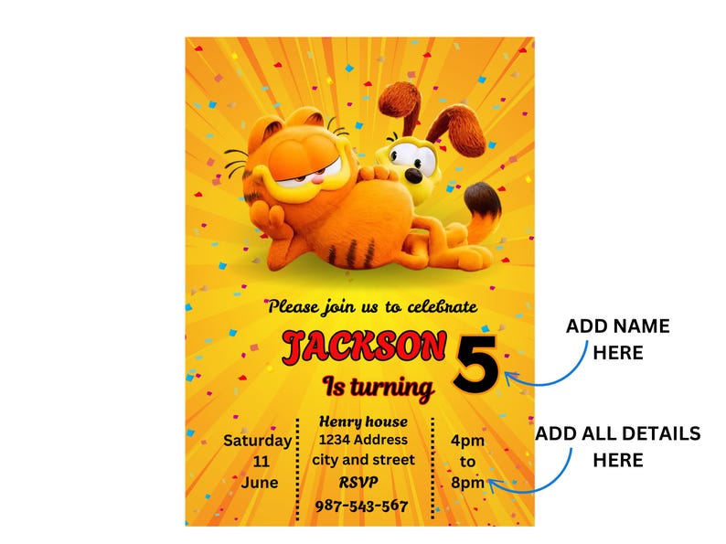 Editable Garfield Birthday Invitation Orange Cat Garfield Party Theme ...