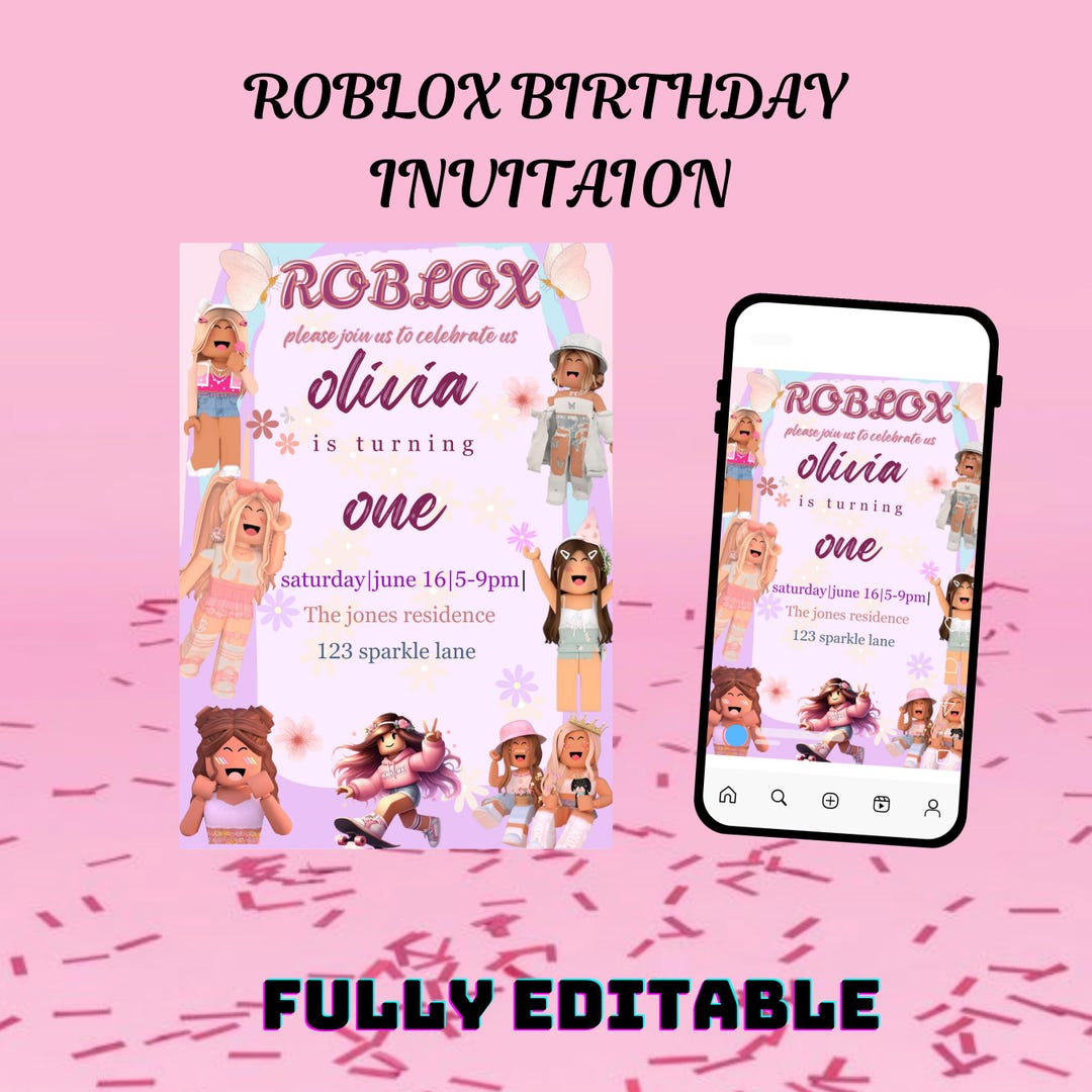 Roblox Girl Invitation, Roblox Girl Birthday Party Invitation, Roblox ...