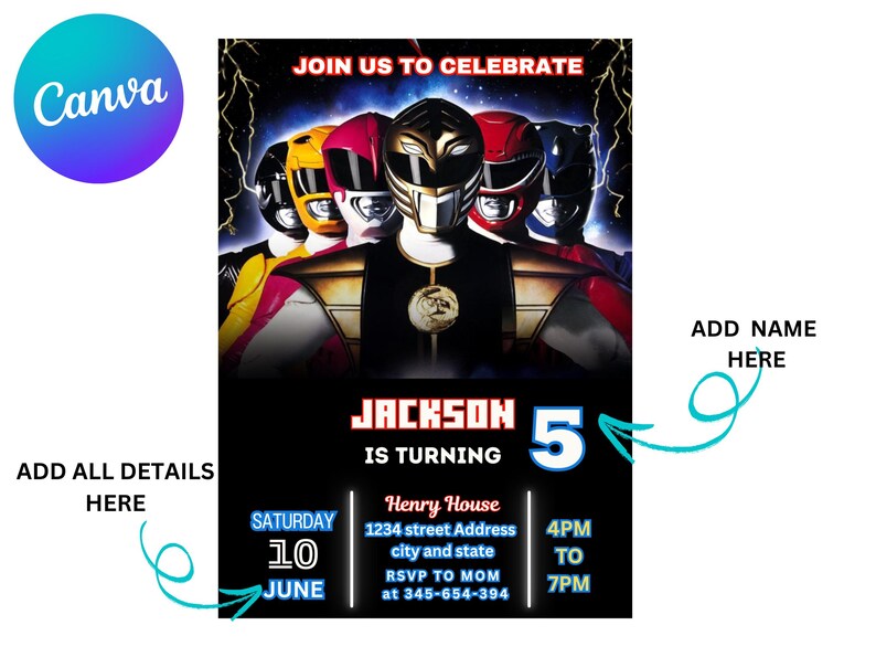 Power Rangers Birthday Invitation, Editable Power Ranger Kids Birthday ...