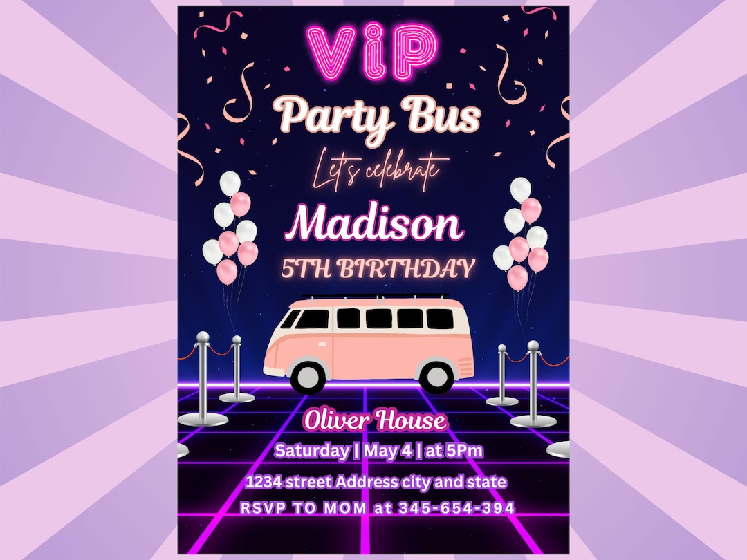 VIP Party Bus Invitation, Party Bus Birthday Invitation for Girls ...