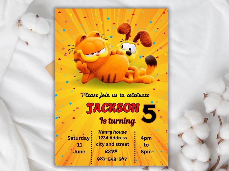 Editable Garfield Birthday Invitation Orange Cat Garfield Party Theme ...