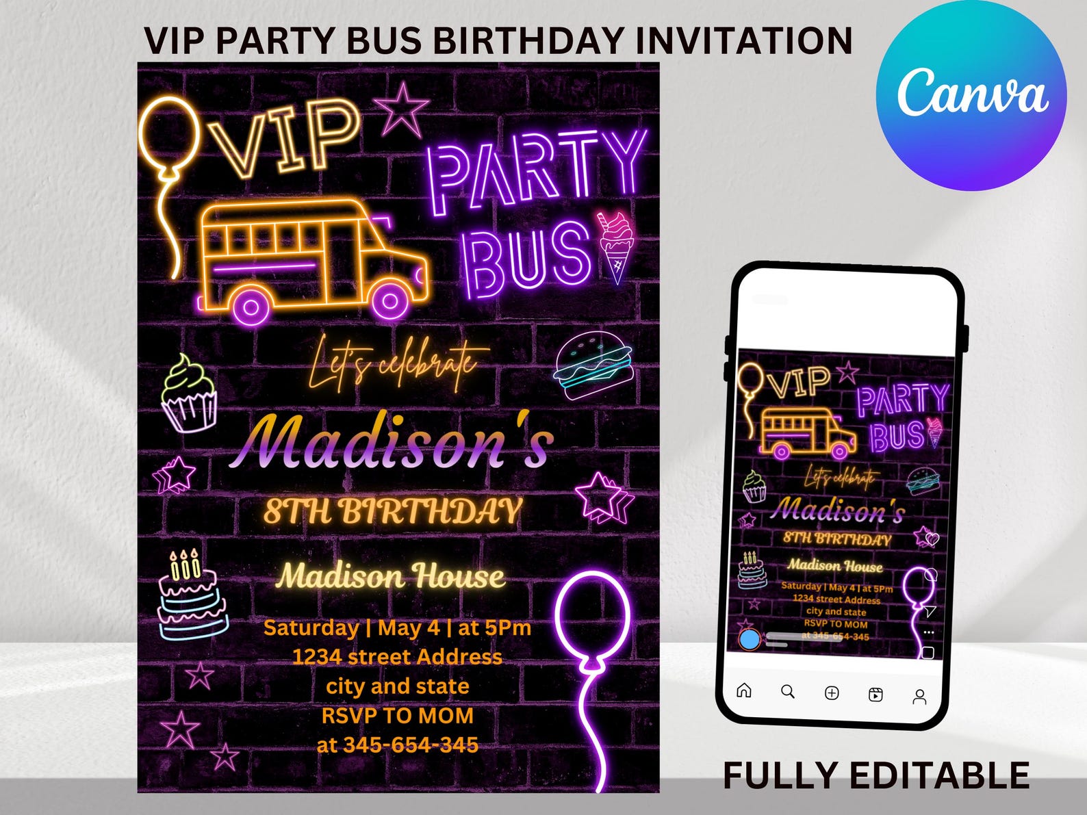 Party Bus Birthday Invitation Editable With Canva, Video Game Truck ...