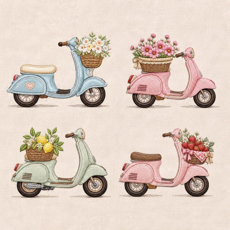 Pastel Scooter Embroidery Designs, Floral Vintage Machine Files ...