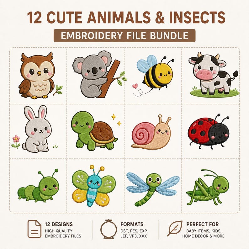 12 Animal Insect Embroidery Files Bundle (DST, PES, JEF) - Etsy