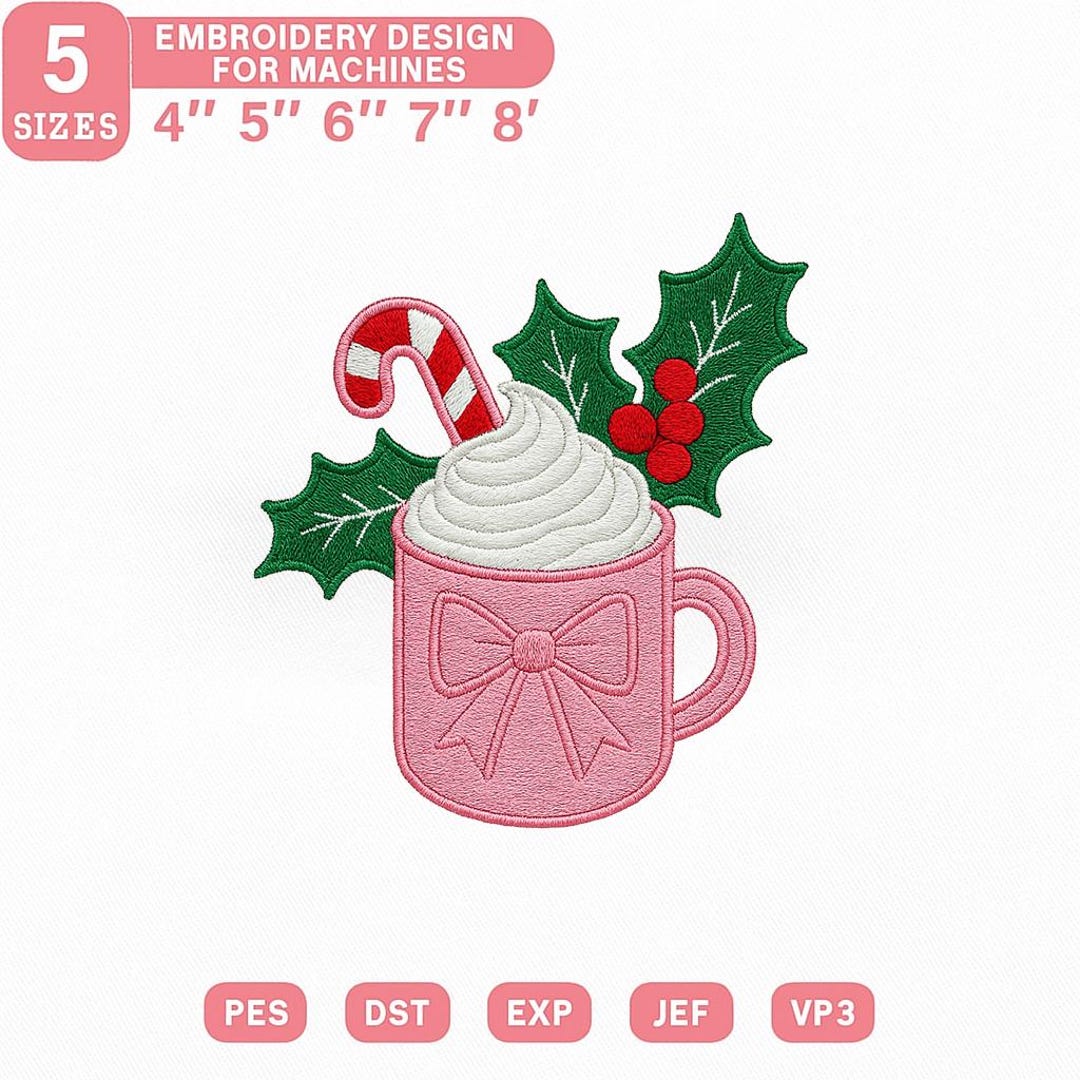 Hot Cocoa Christmas Mug Embroidery Design, Candy Cane Holly Cup ...