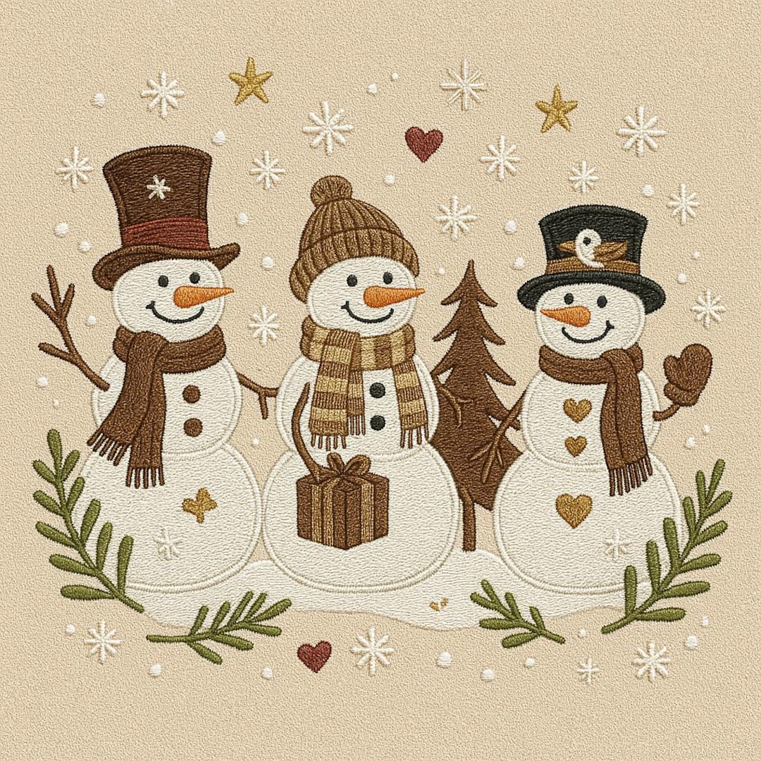 Three Snowmen Embroidery Design, Christmas Snowman Machine Embroidery ...