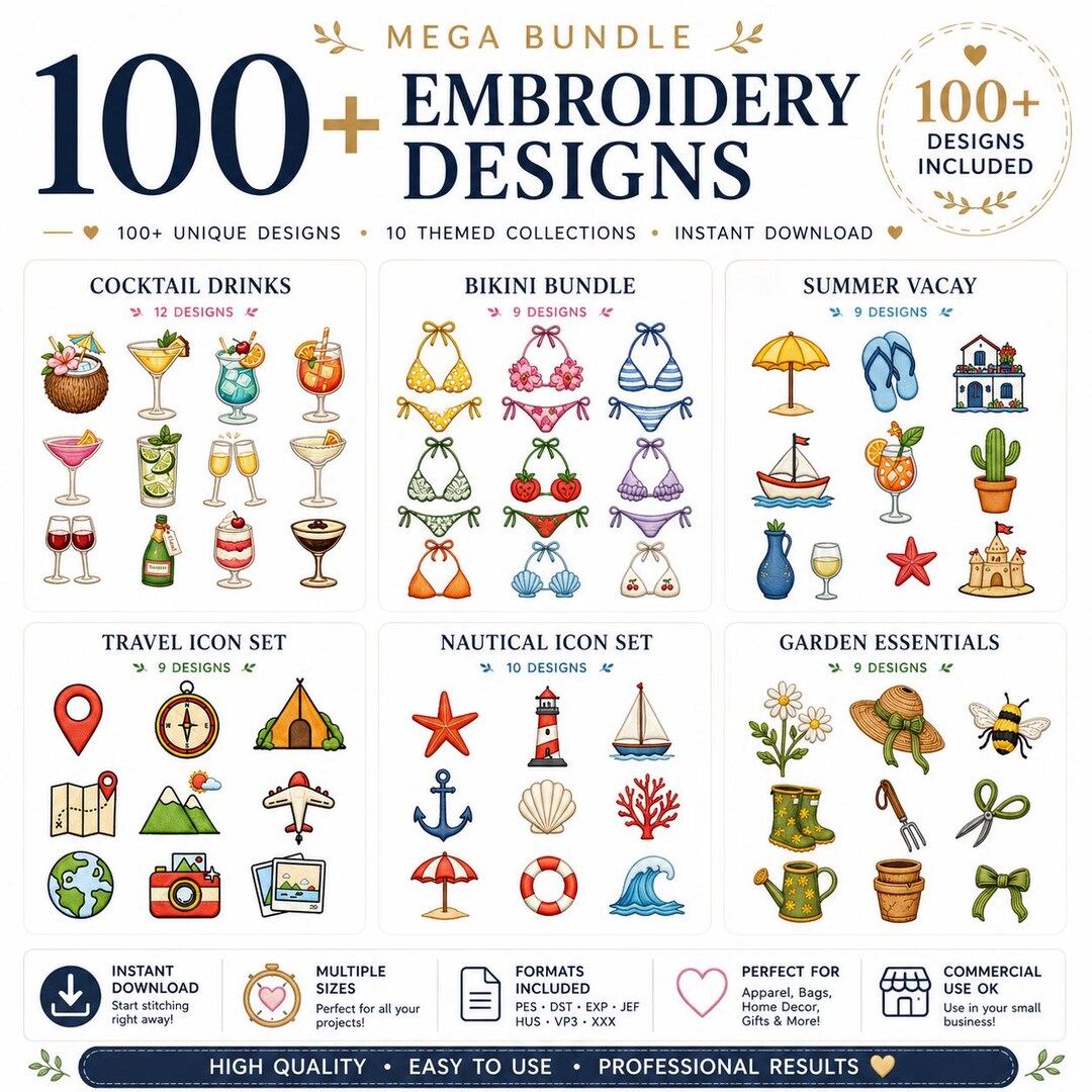 Embroidery Designs Mega Bundle, Summer Travel Nautical Garden Icons ...