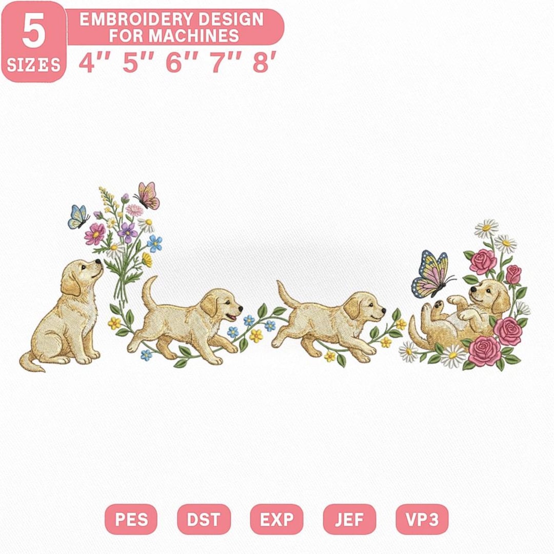Cute Puppy Border Embroidery Design, Dog Floral Machine Embroidery File ...