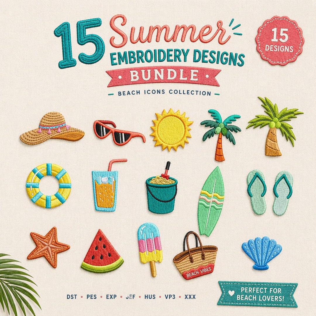 Summer Beach Embroidery Bundle, 16 Vacation Icons Designs, Machine ...