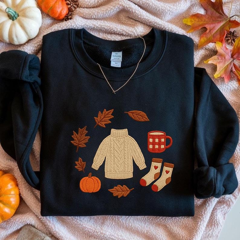 Cozy Fall Embroidery Design, Autumn Sweater Pumpkin Mug Socks, Cute ...