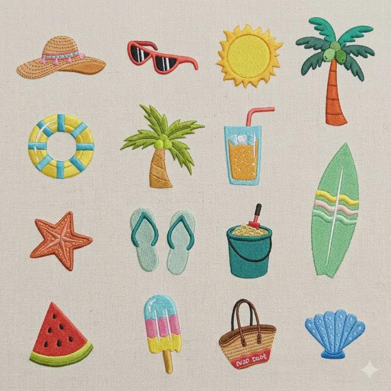Summer Beach Embroidery Bundle, 16 Vacation Icons Designs, Machine ...