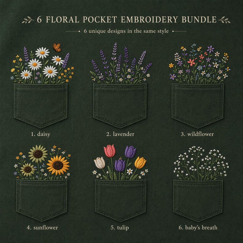 Floral Pocket Embroidery Designs, Daisy, Lavender, Tulip, Sunflower ...