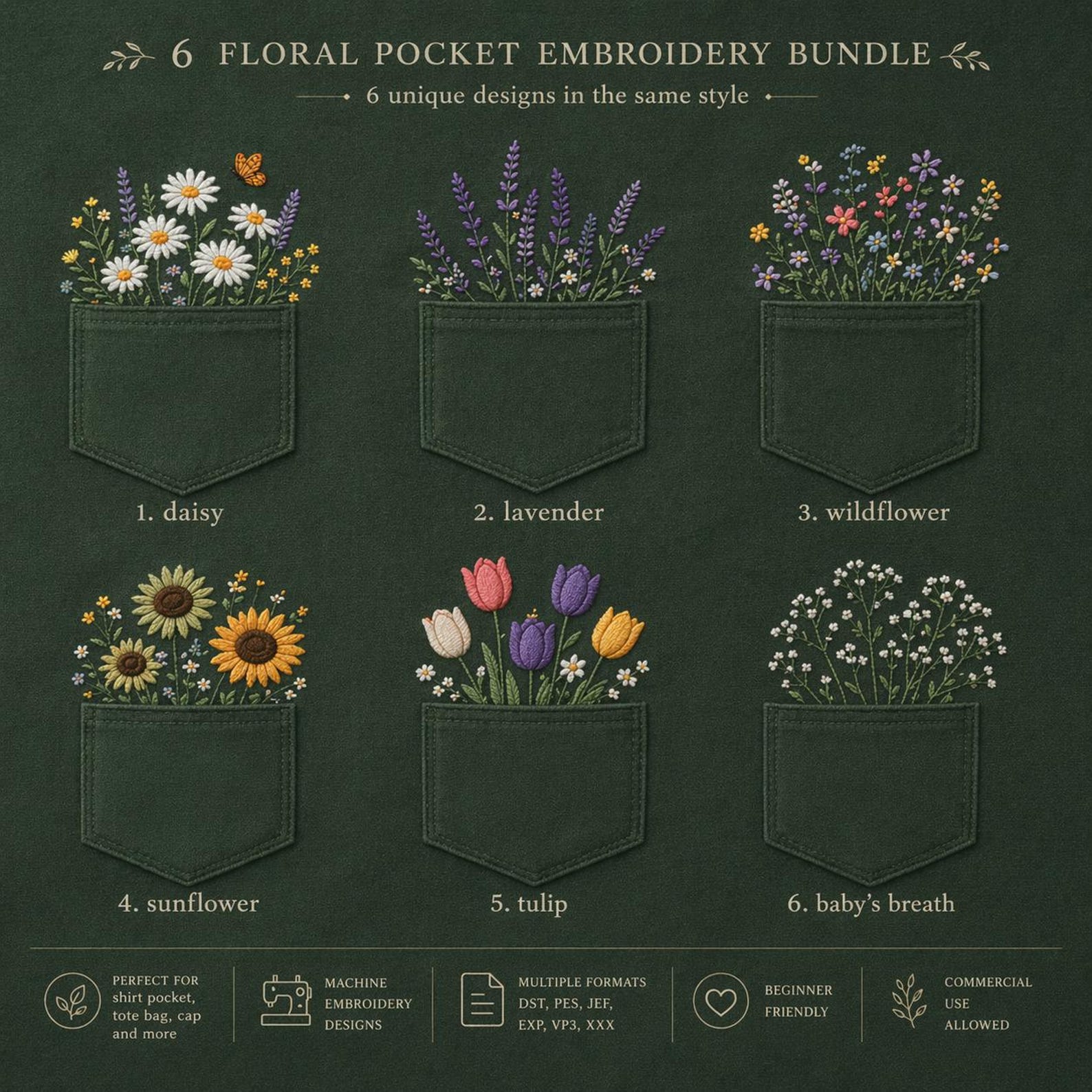 Floral Pocket Embroidery Designs, Daisy, Lavender, Tulip, Sunflower ...