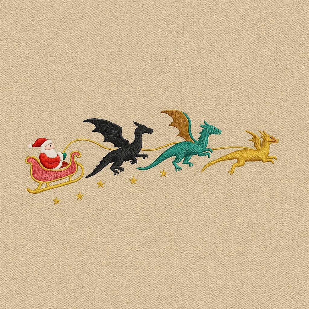 Santa Sleigh Dragons Embroidery Design, Fantasy Christmas Ride, Cute ...