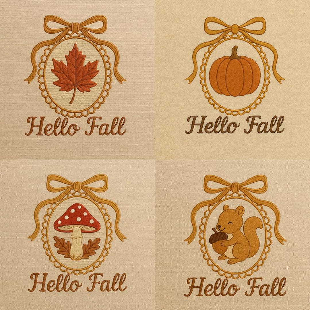 Hello Fall Embroidery Design Bundle - Autumn Leaf, Pumpkin, Mushroom ...