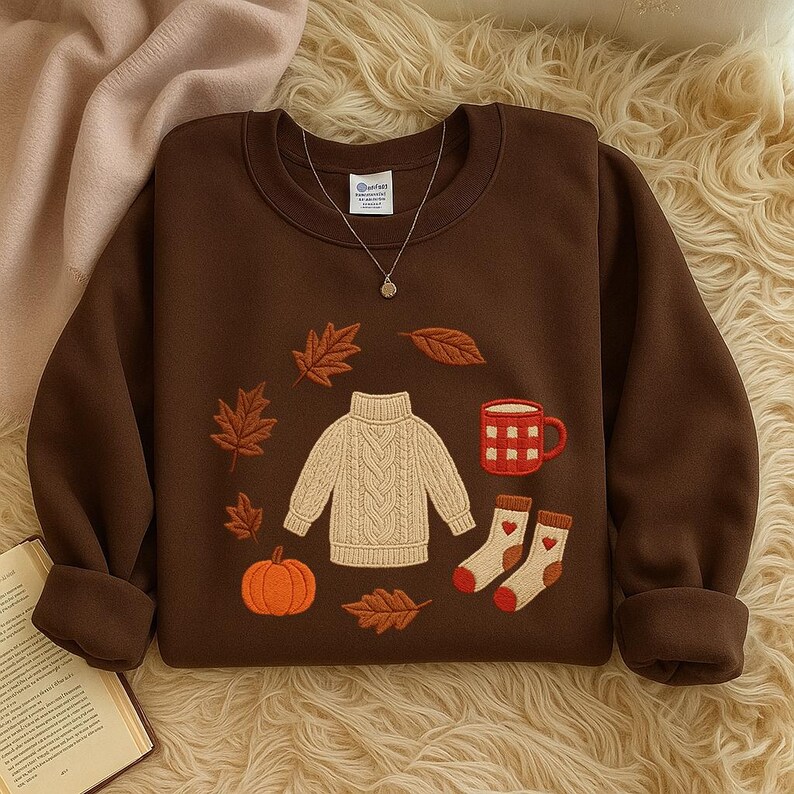 Cozy Fall Embroidery Design, Autumn Sweater Pumpkin Mug Socks, Cute ...