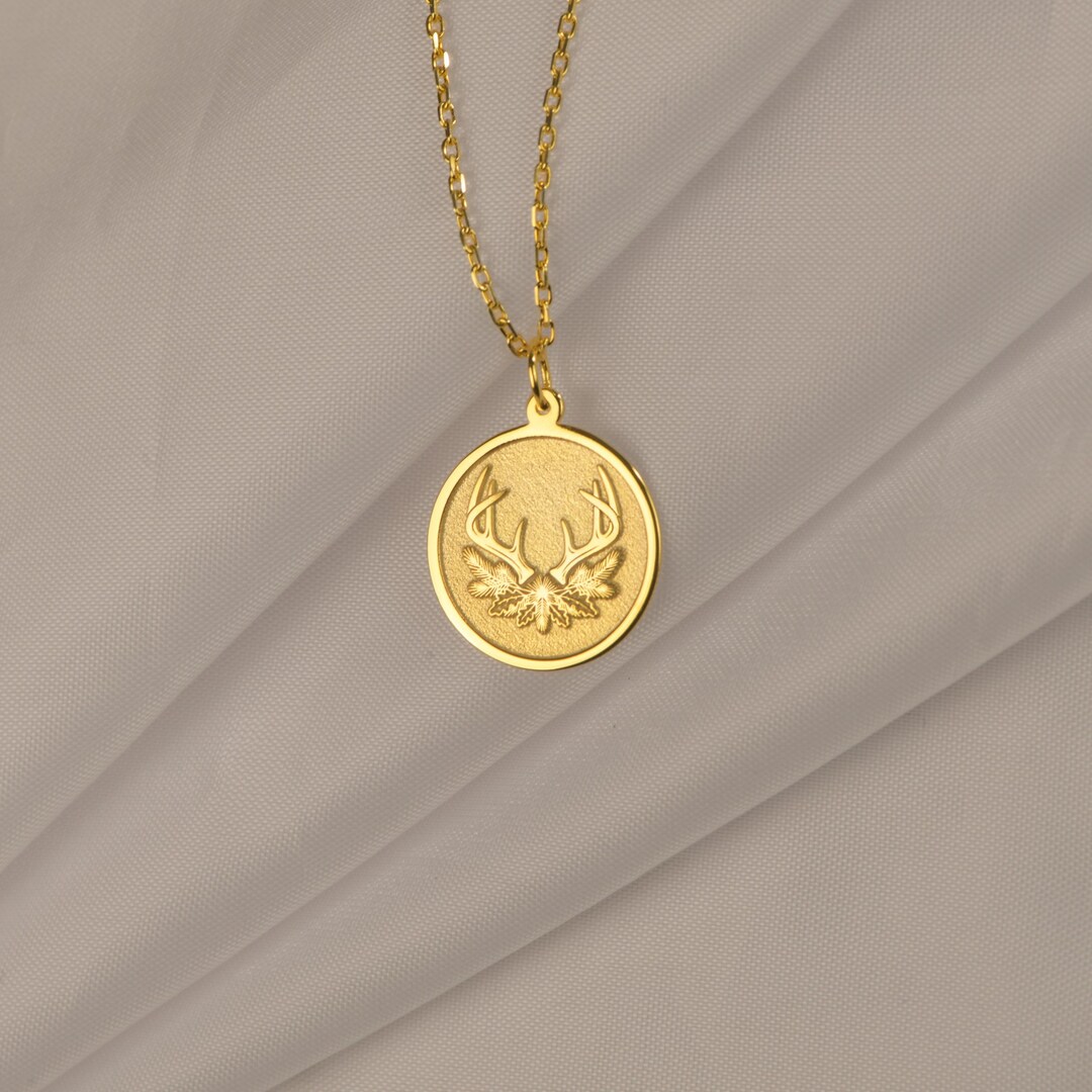 14K Solid Gold Deer Antler Necklace, Antler Coin Pendant, Nature ...