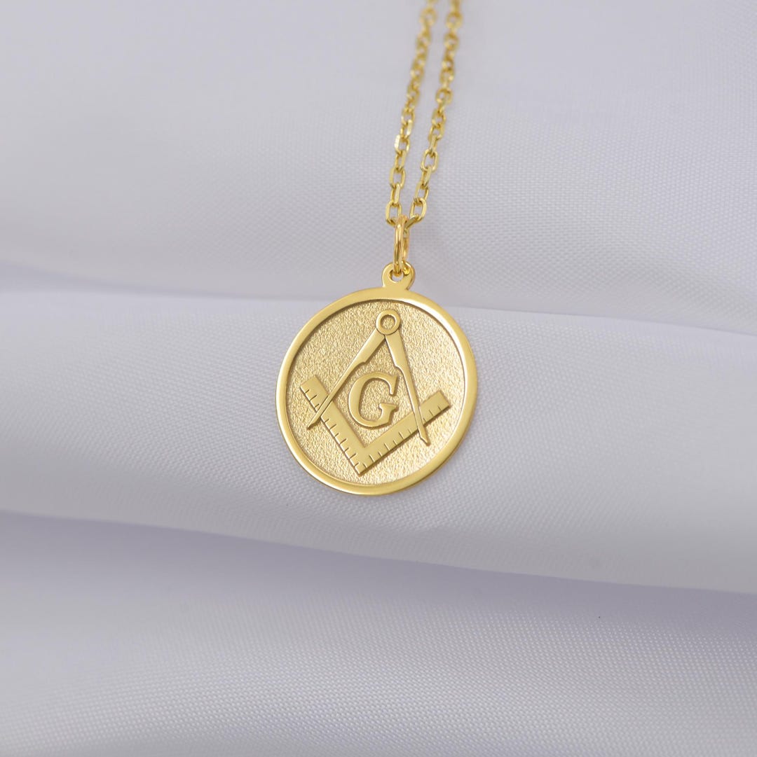 14K Solid Gold Masonic Compass & Square Necklace - Freemason Symbol ...