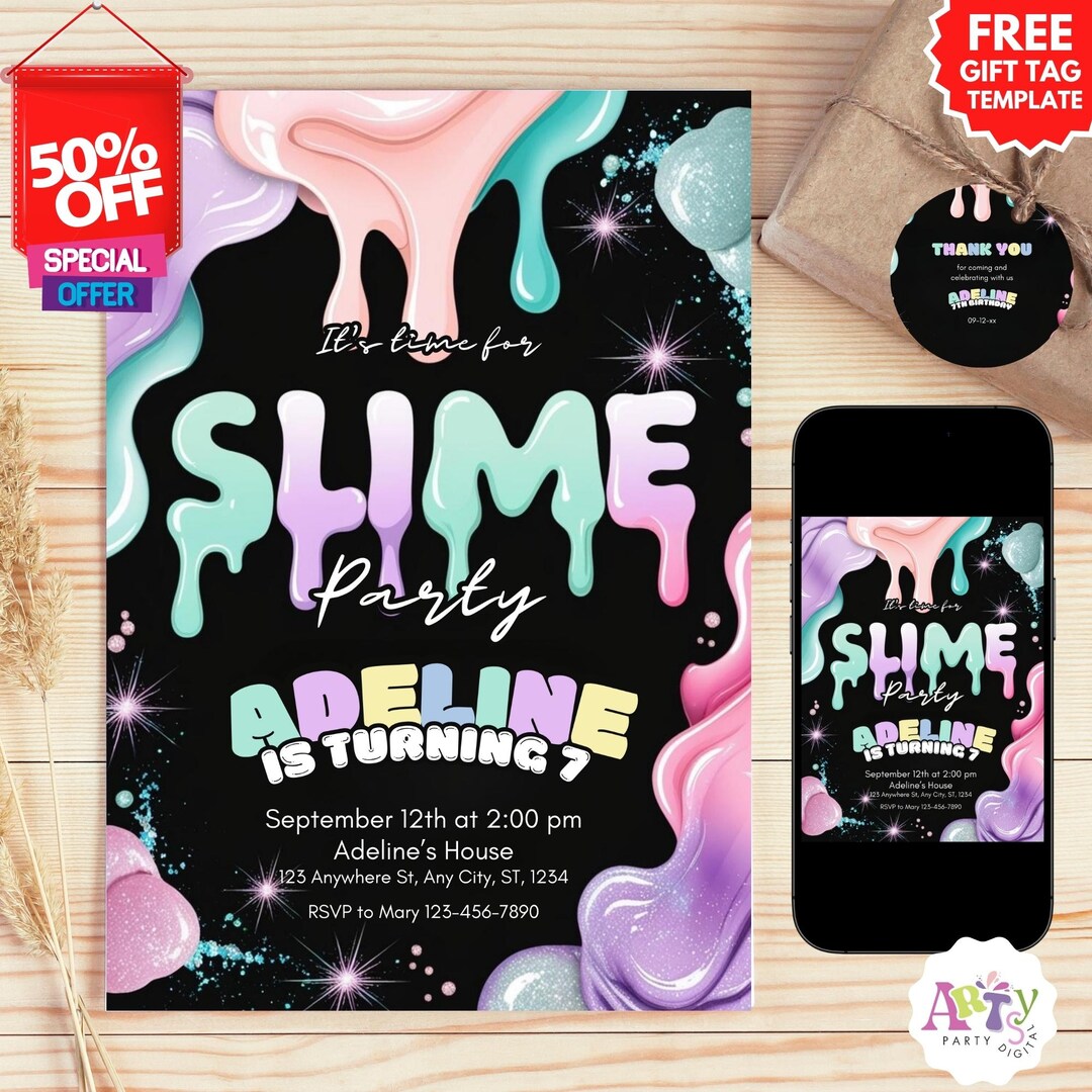 Slime Birthday Party Invitation, Editable Kids Slime Theme Invite ...