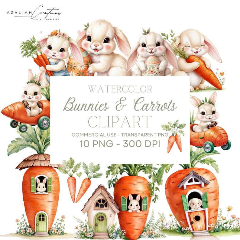 Cute Easter Bunny Carrot Clipart Bundle Easter Rabbit PNG Spring ...
