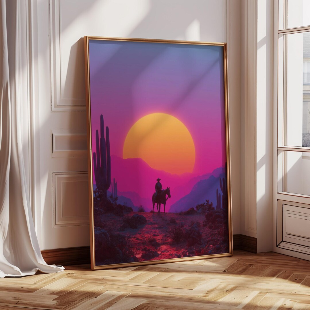 Neo Vintage Western Canvas Art: Synthwave Desert Landscape Cowboy ...