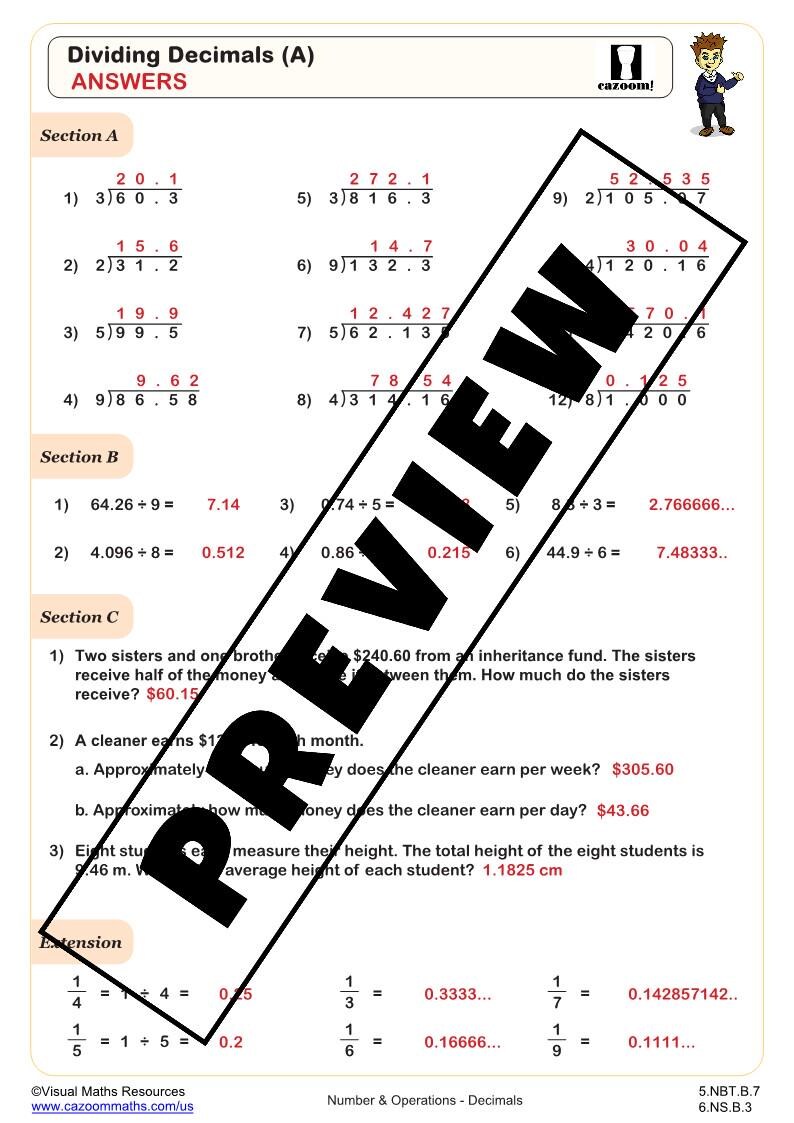 Dividing Decimals Practice Worksheets for 6th Grade | Number and ...