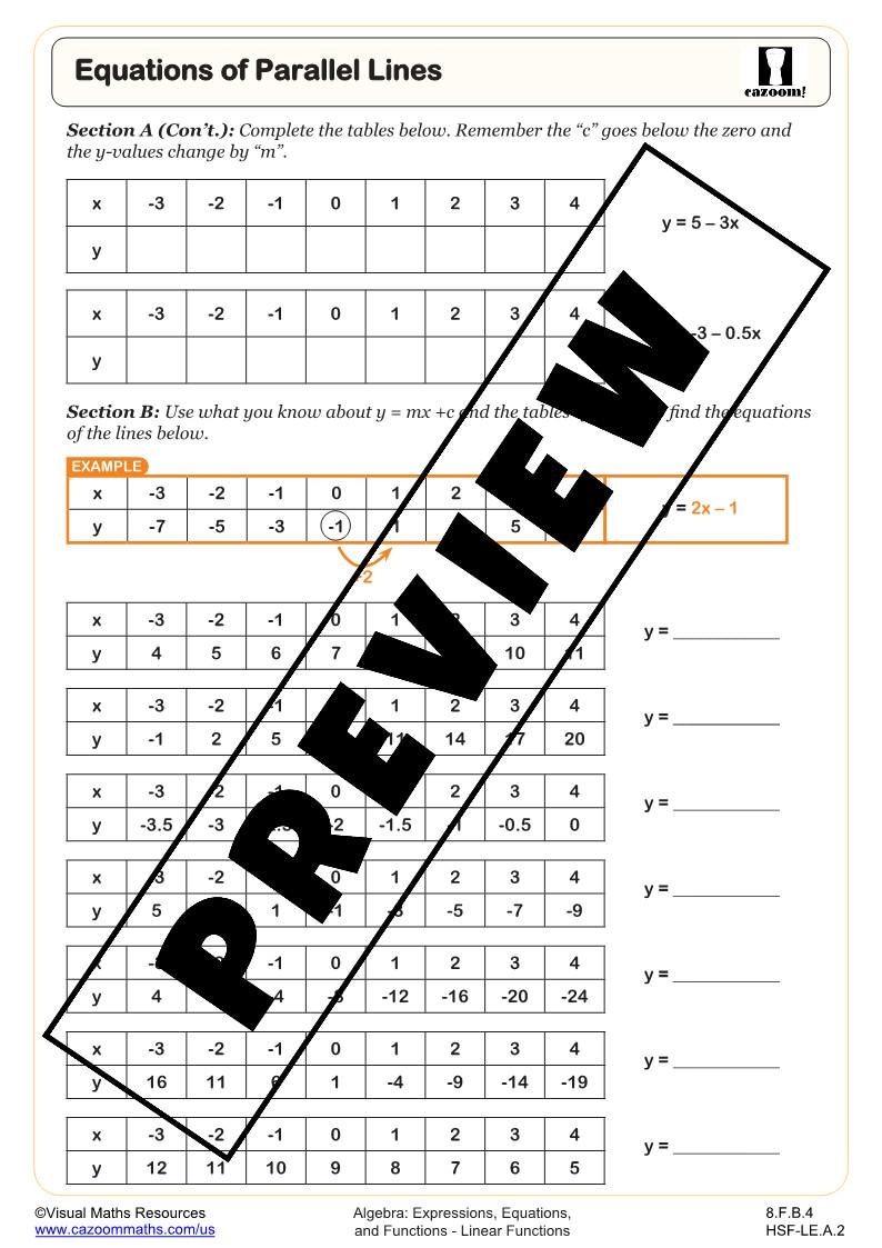 Linear Equations and Tables of Values Worksheet | Printable 8th Grade ...