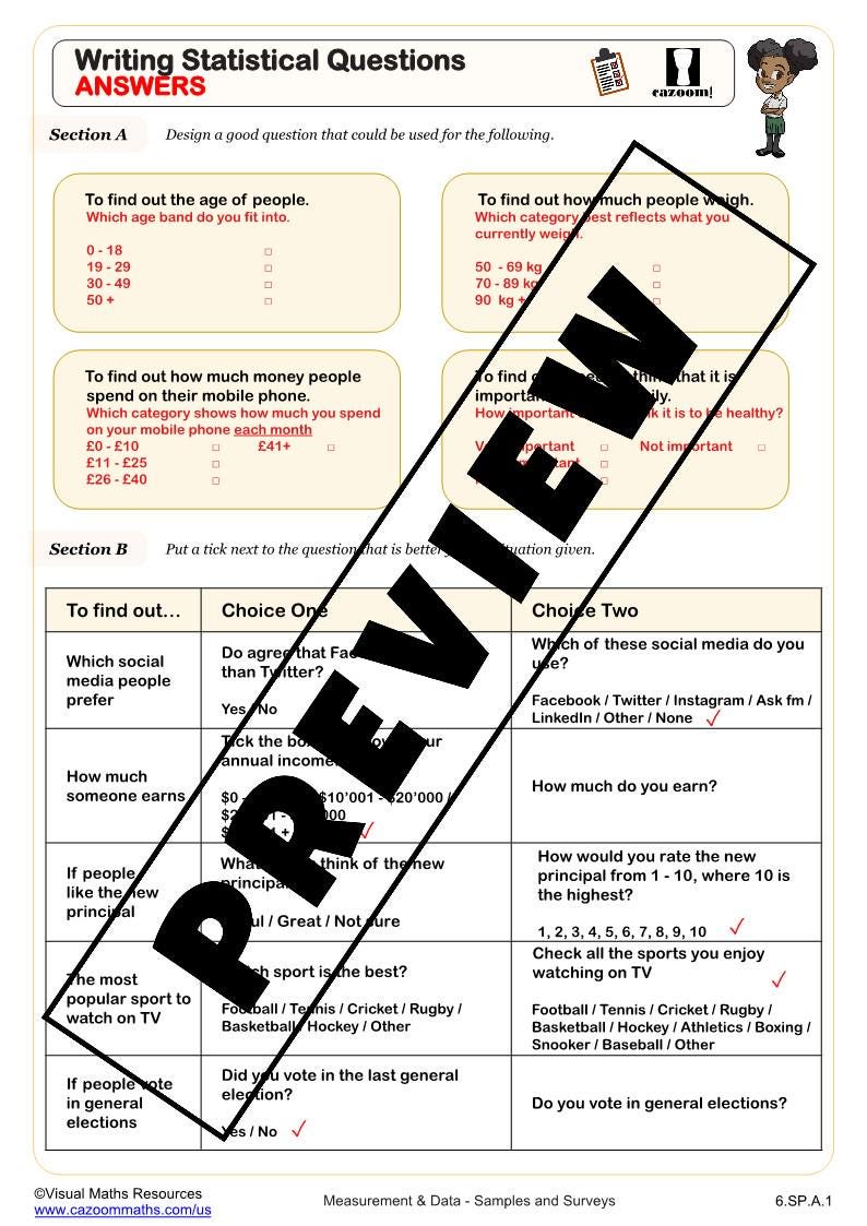 Identifying Problems in Statistical Questions Worksheets | 6th Grade ...