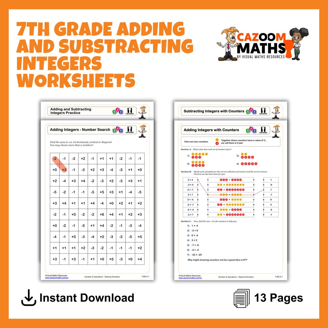 Calculating Integers & Adding Rational Numbers Worksheets | 7th Grade ...