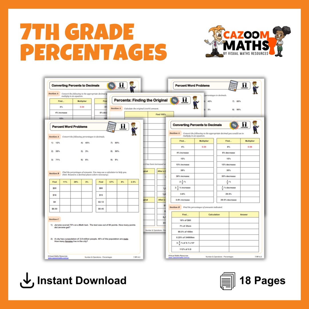 7th Grade Percentages Worksheet Pack With Answers | 7th Grade Math PDF ...