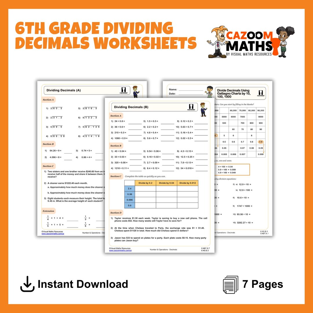 Dividing Decimals Practice Worksheets for 6th Grade | Number and ...
