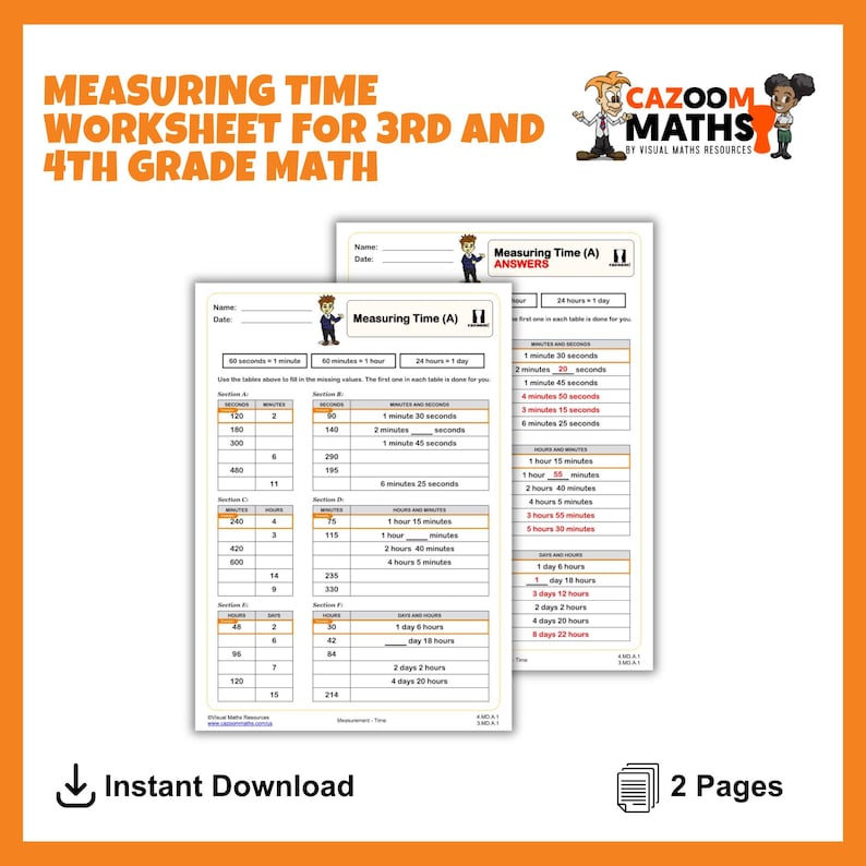 Measuring Time Worksheet for 3rd and 4th Grade Math | Fun, Engaging ...
